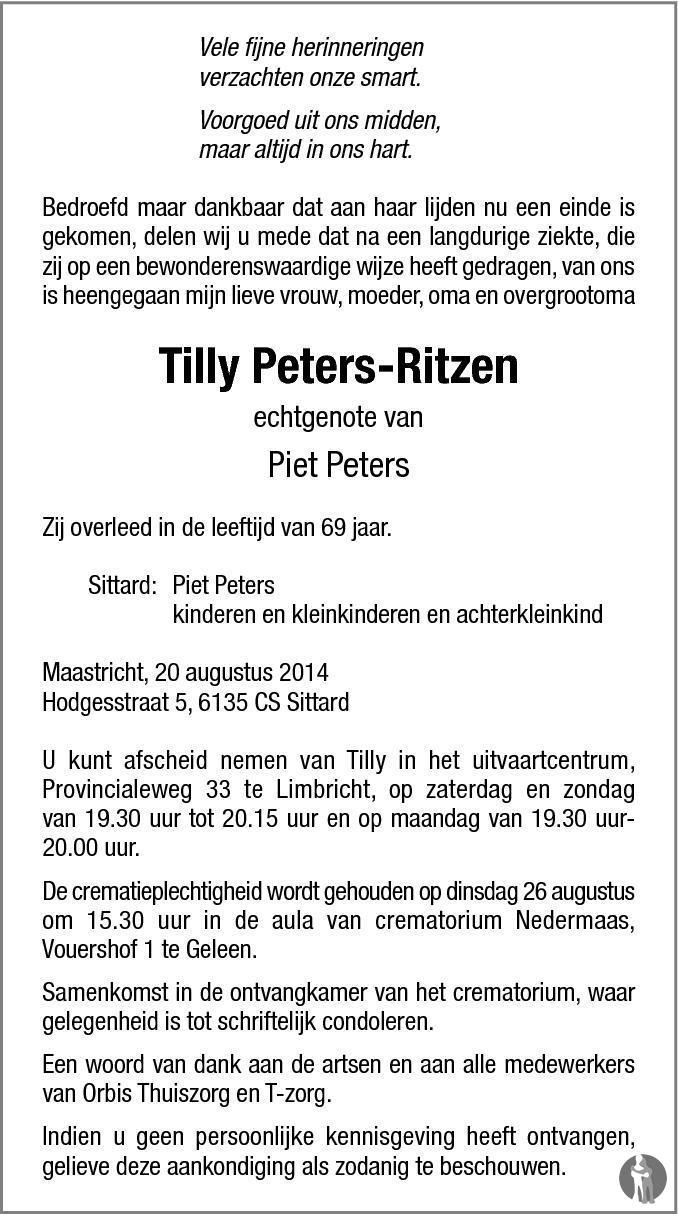 Tilly Peters - Ritzen 20-08-2014 overlijdensbericht en condoleances ...