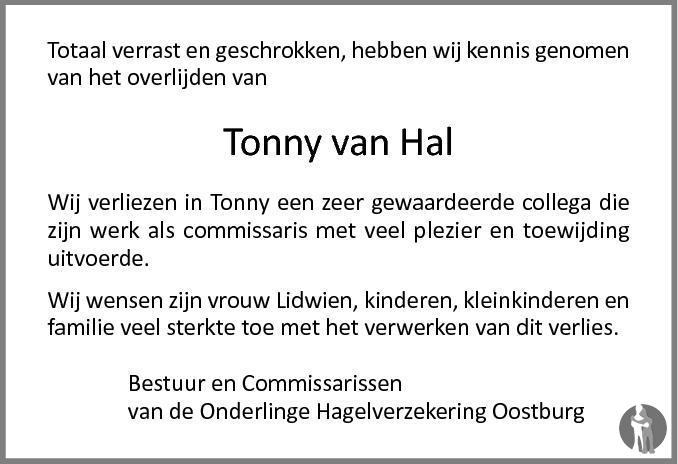 Anthonie Gerrit (Tonny) van Hal 21-08-2014 overlijdensbericht en ...