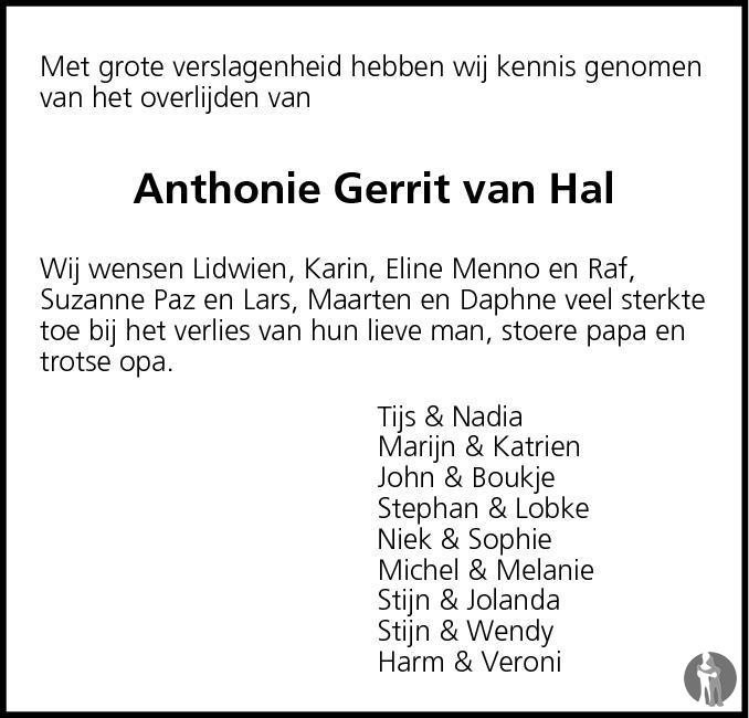 Anthonie Gerrit (Tonny) van Hal 21-08-2014 overlijdensbericht en ...