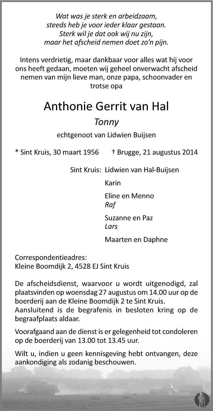 Anthonie Gerrit (Tonny) van Hal 21-08-2014 overlijdensbericht en ...