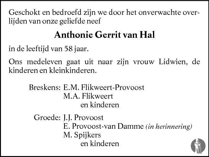Anthonie Gerrit (Tonny) van Hal 21-08-2014 overlijdensbericht en ...