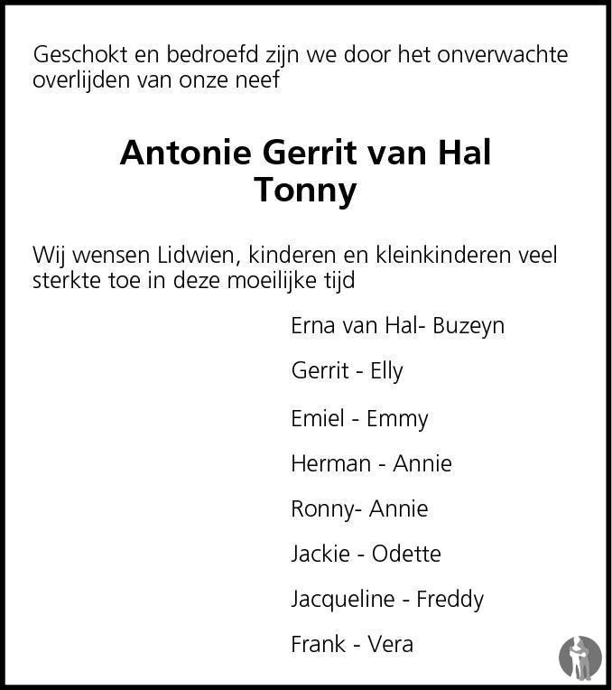 Anthonie Gerrit (Tonny) van Hal 21-08-2014 overlijdensbericht en ...