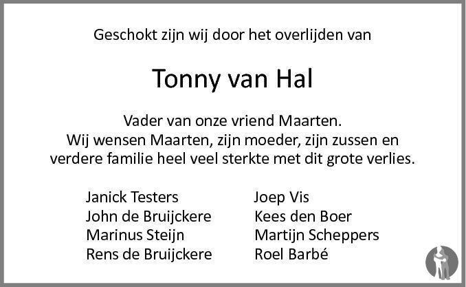 Anthonie Gerrit (Tonny) van Hal 21-08-2014 overlijdensbericht en ...