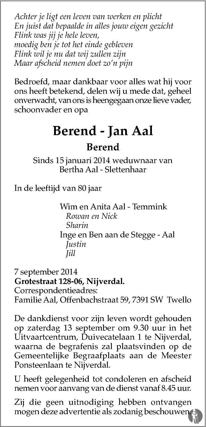 Berend-Jan (Berend) Aal 07-09-2014 overlijdensbericht en condoleances - Mensenlinq.nl