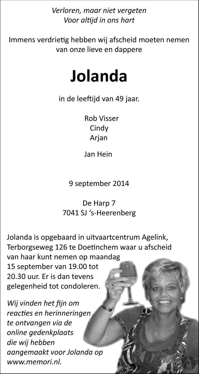 Jolanda Visser 09-09-2014 overlijdensbericht en condoleances ...