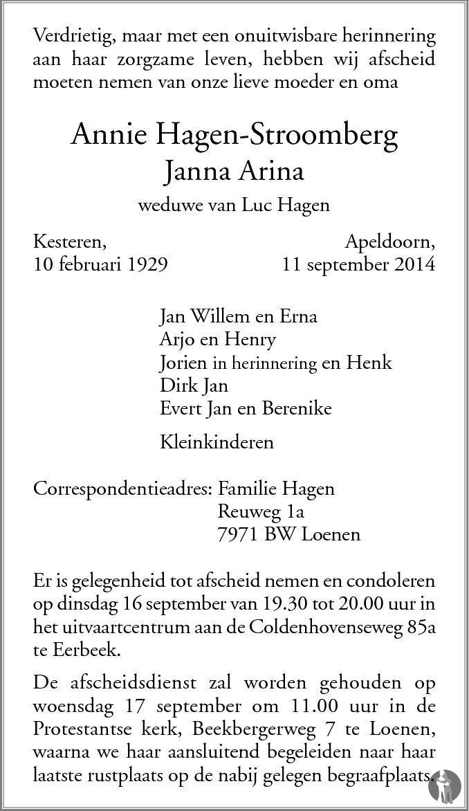 Janna Arina (Annie) Hagen - Stroomberg 11-09-2014 overlijdensbericht en condoleances - Mensenlinq.nl