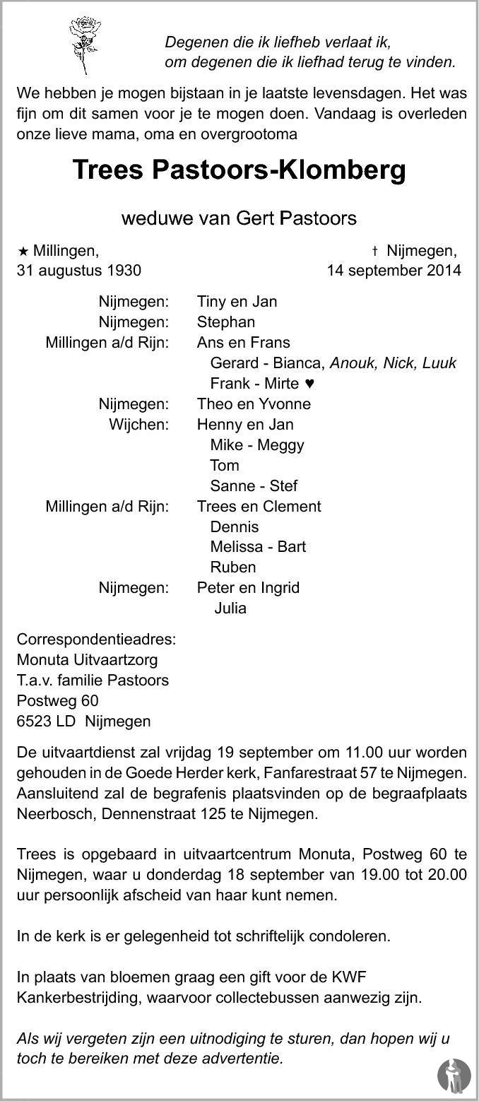 Trees Pastoors - Klomberg 14-09-2014 overlijdensbericht en condoleances ...