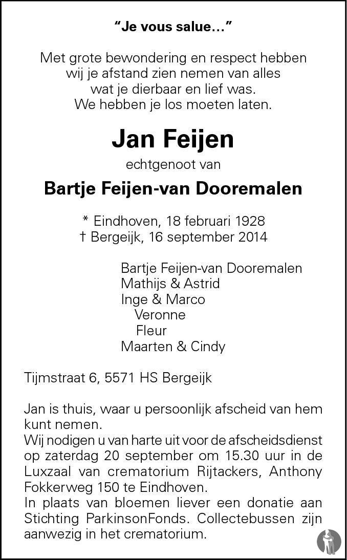 Jan Feijen 16-09-2014 overlijdensbericht en condoleances - Mensenlinq.nl