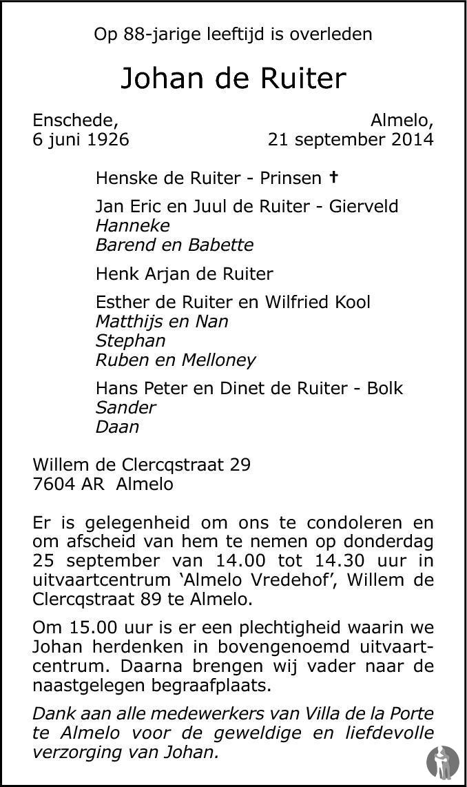 Johan de Ruiter 21-09-2014 overlijdensbericht en condoleances ...