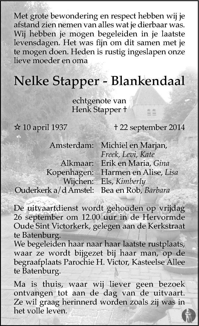 Nelke Stapper - Blankendaal 22-09-2014 overlijdensbericht en ...