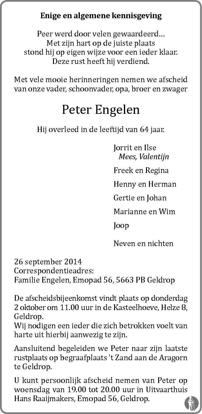 Peter Engelen 26-09-2014 overlijdensbericht en condoleances - Mensenlinq.nl