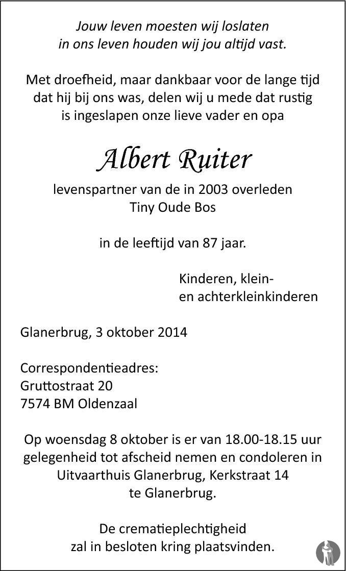 Albert Ruiter 03-10-2014 overlijdensbericht en condoleances - Mensenlinq.nl