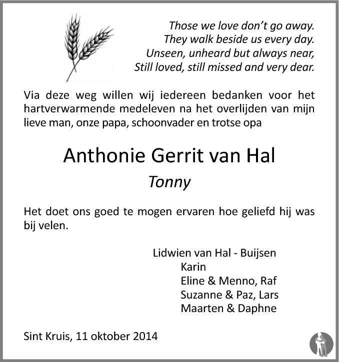 Anthonie Gerrit (Tonny) van Hal 21-08-2014 overlijdensbericht en ...