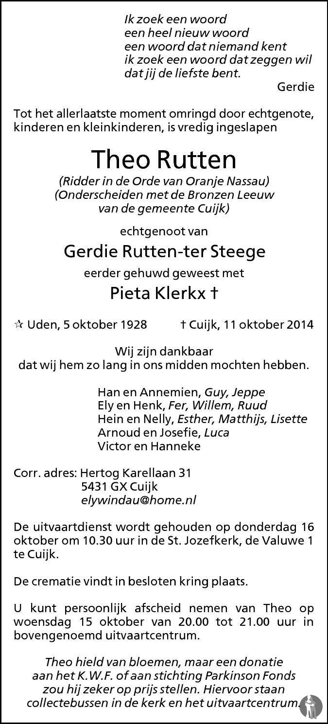 Theo Rutten 11-10-2014 overlijdensbericht en condoleances - Mensenlinq.nl