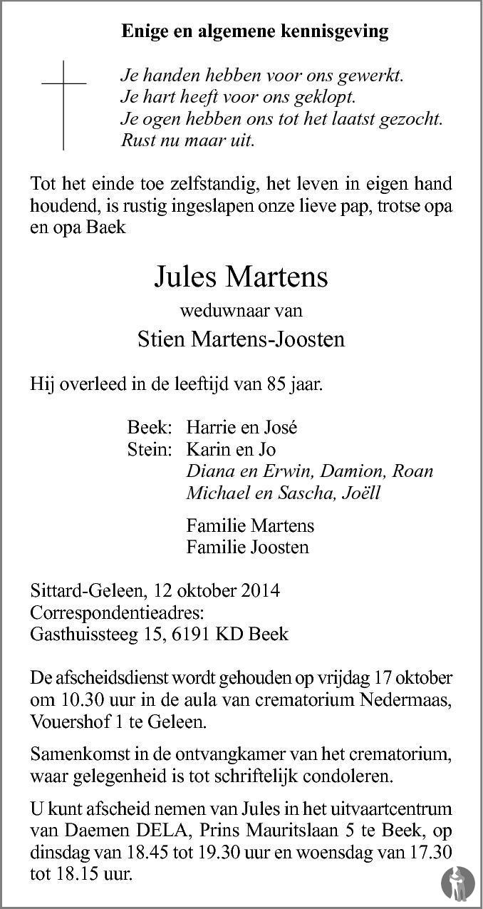 Jules Martens 12-10-2014 overlijdensbericht en condoleances - Mensenlinq.nl