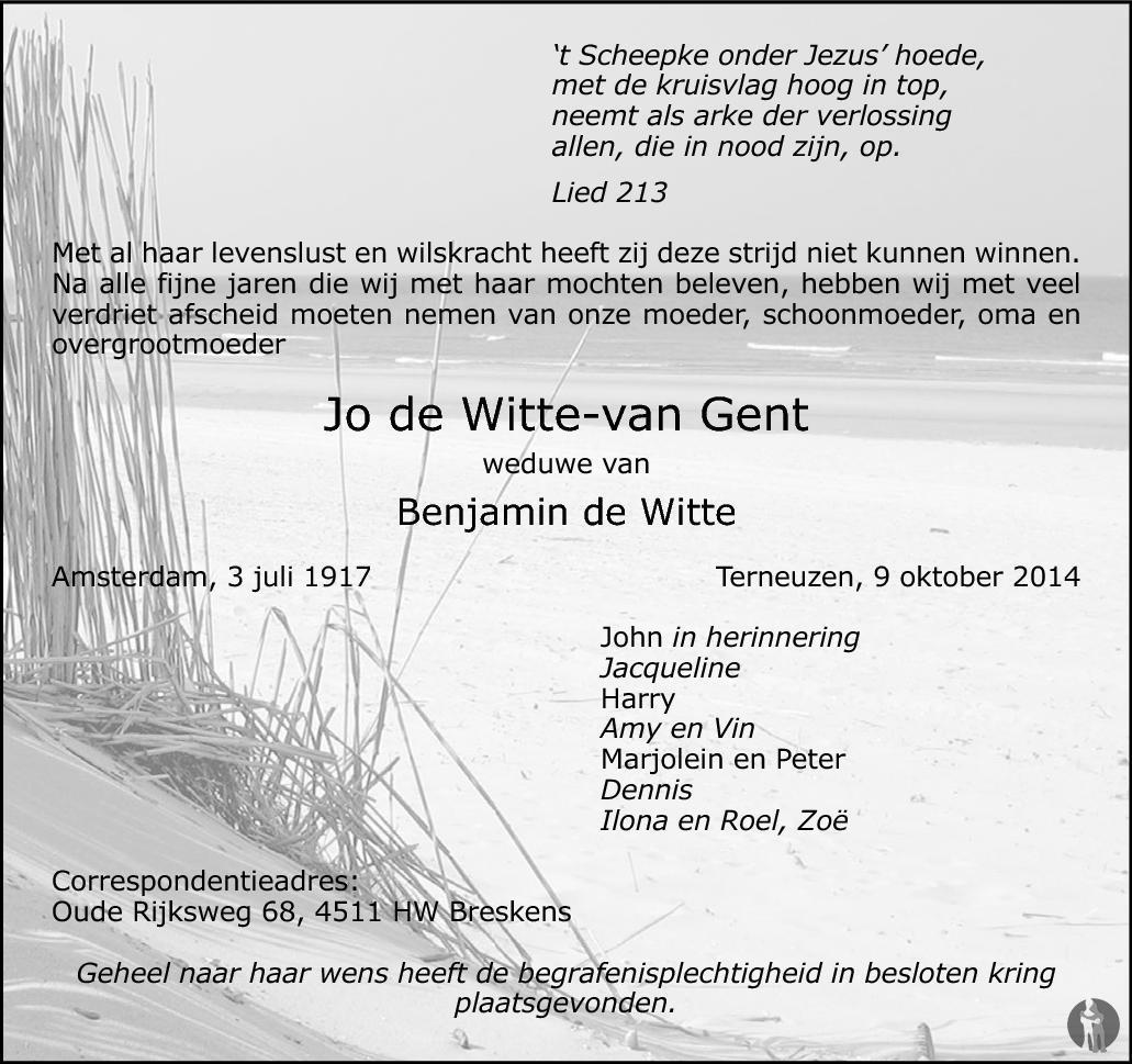 Jo de Witte - van Gent 09-10-2014 overlijdensbericht en condoleances ...