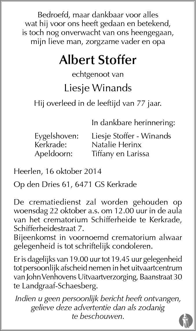 Albert Stoffer 16-10-2014 overlijdensbericht en condoleances ...