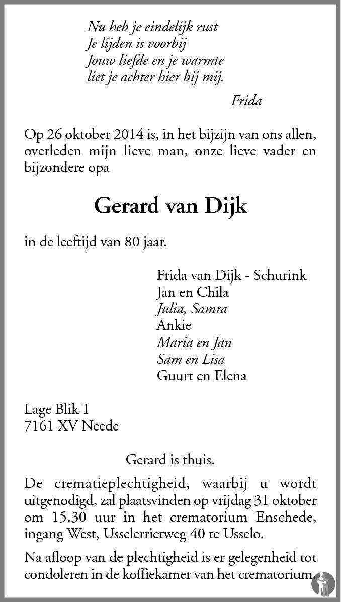 Gerard van Dijk 26-10-2014 overlijdensbericht en condoleances ...