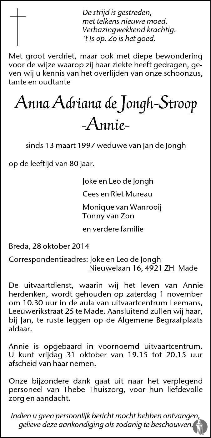 Anna Adriana (Annie) de Jongh - Stroop 28-10-2014 overlijdensbericht en ...