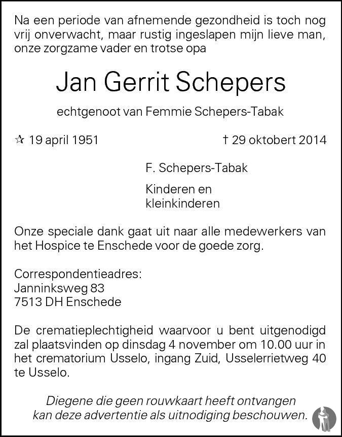Jan Gerrit Schepers 29-10-2014 overlijdensbericht en condoleances - Mensenlinq.nl