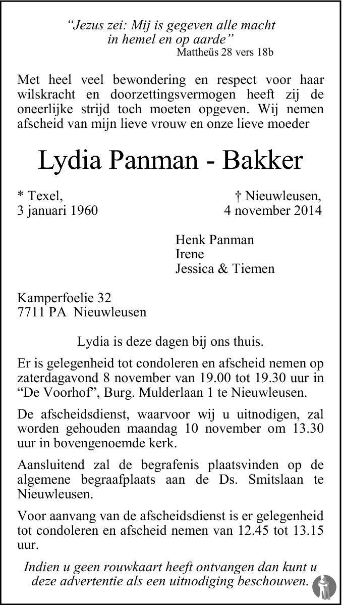 Lydia Panman - Bakker 04-11-2014 overlijdensbericht en condoleances ...