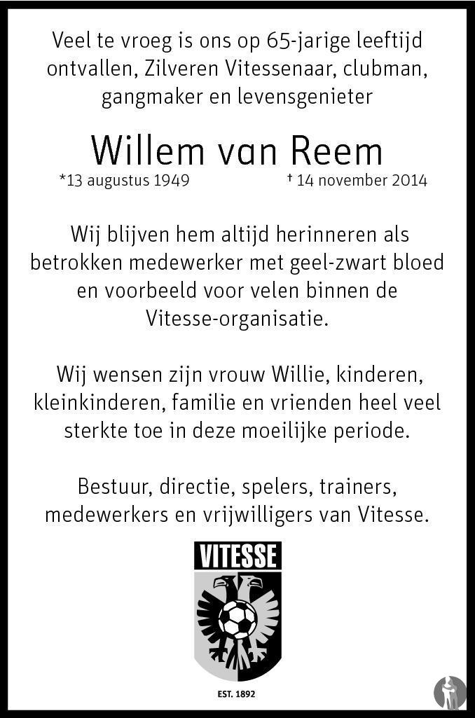 Willem van Reem 14-11-2014 overlijdensbericht en condoleances ...