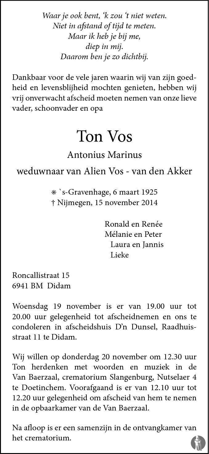 Antonius Marinus (Ton) Vos 15-11-2014 overlijdensbericht en ...