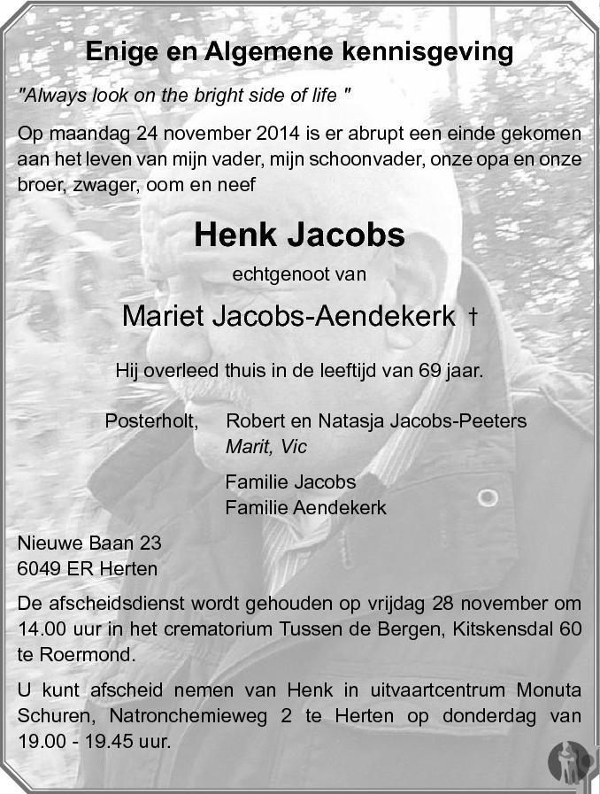 Henk Jacobs 24-11-2014 overlijdensbericht en condoleances - Mensenlinq.nl