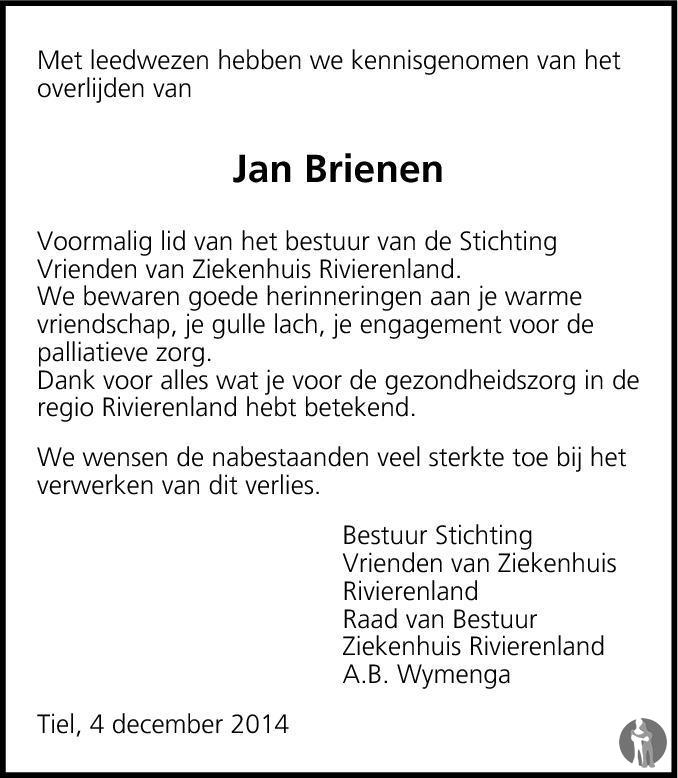 Jan Brienen 04-12-2014 overlijdensbericht en condoleances - Mensenlinq.nl