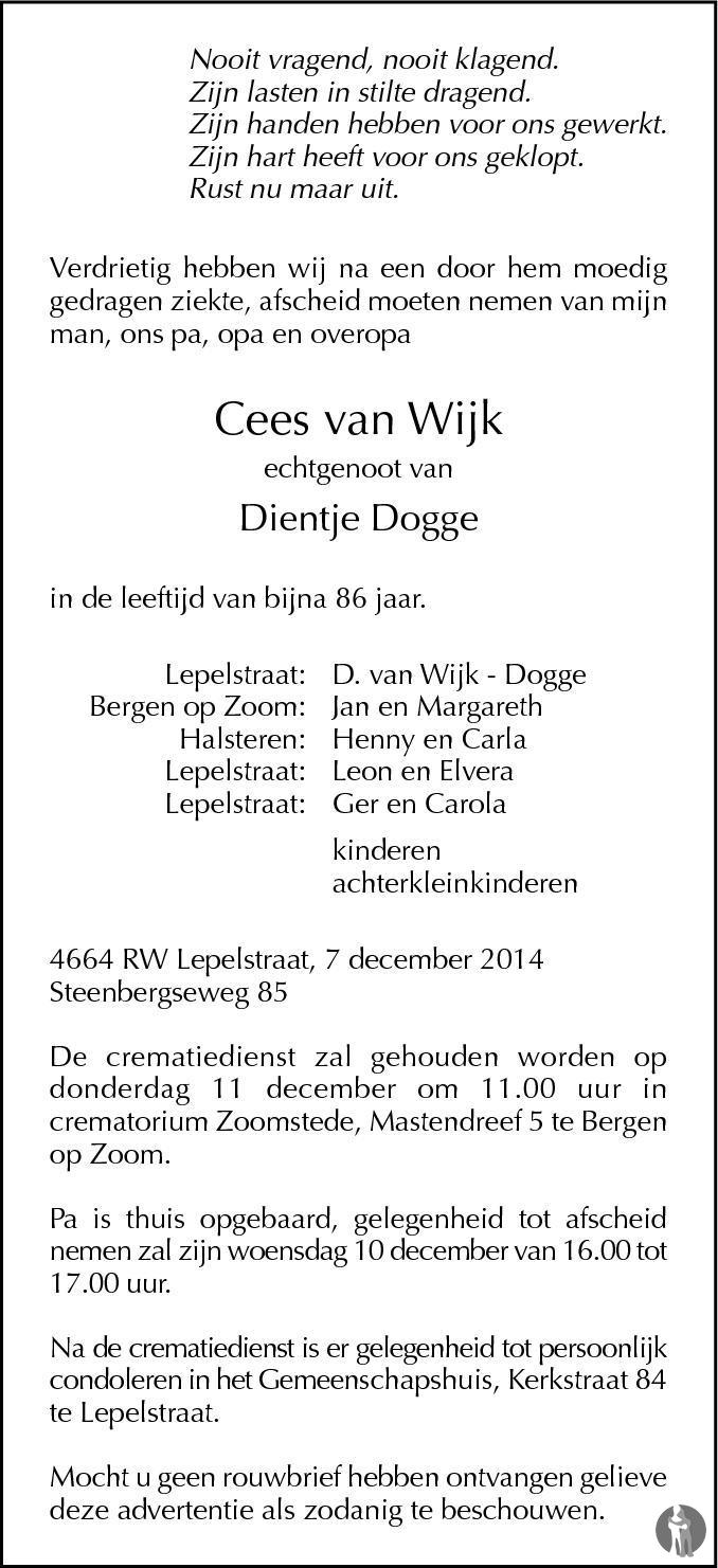 Cees van Wijk 07-12-2014 overlijdensbericht en condoleances - Mensenlinq.nl