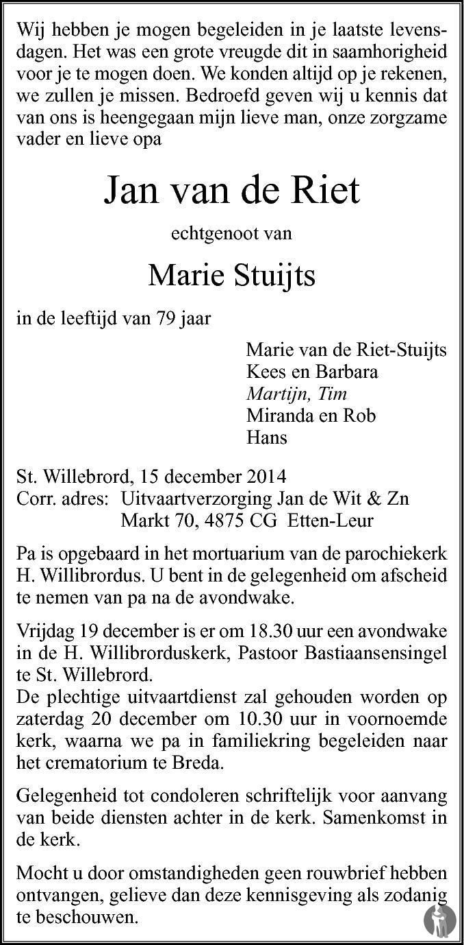 Jan van de Riet 15-12-2014 overlijdensbericht en condoleances ...