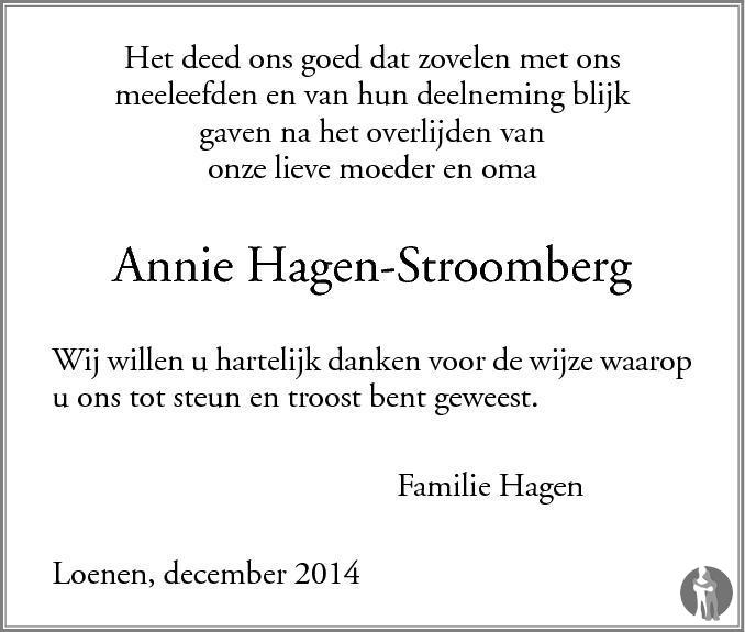 Janna Arina (Annie) Hagen - Stroomberg 11-09-2014 overlijdensbericht en condoleances - Mensenlinq.nl