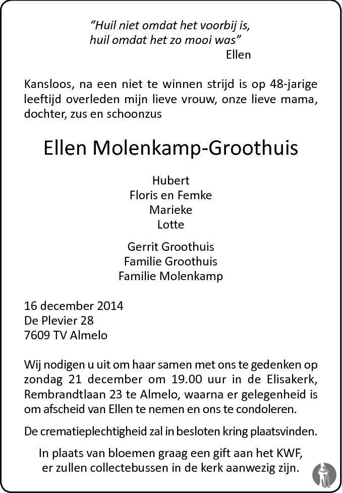 Ellen Molenkamp - Groothuis 16-12-2014 overlijdensbericht en ...