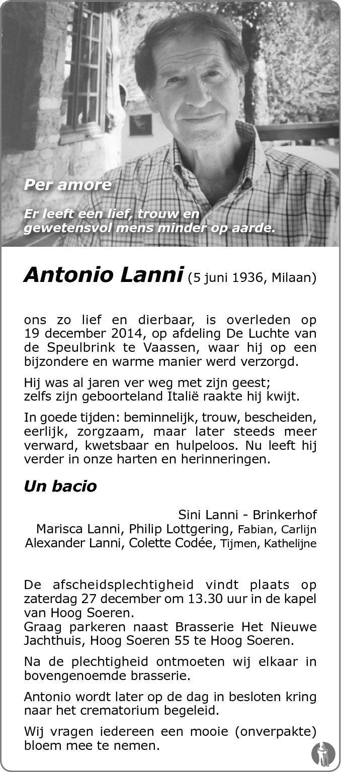 Antonio Lanni 19-12-2014 overlijdensbericht en condoleances - Mensenlinq.nl