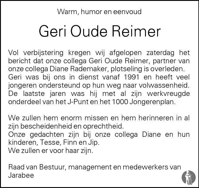 Geri Oude Reimer 20-12-2014 overlijdensbericht en condoleances - Mensenlinq.nl