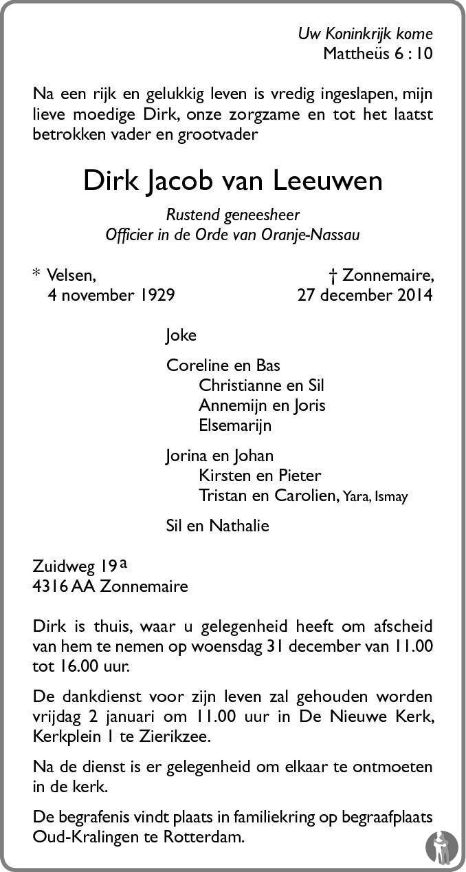 Dirk Jacob van Leeuwen 27-12-2014 overlijdensbericht en condoleances ...