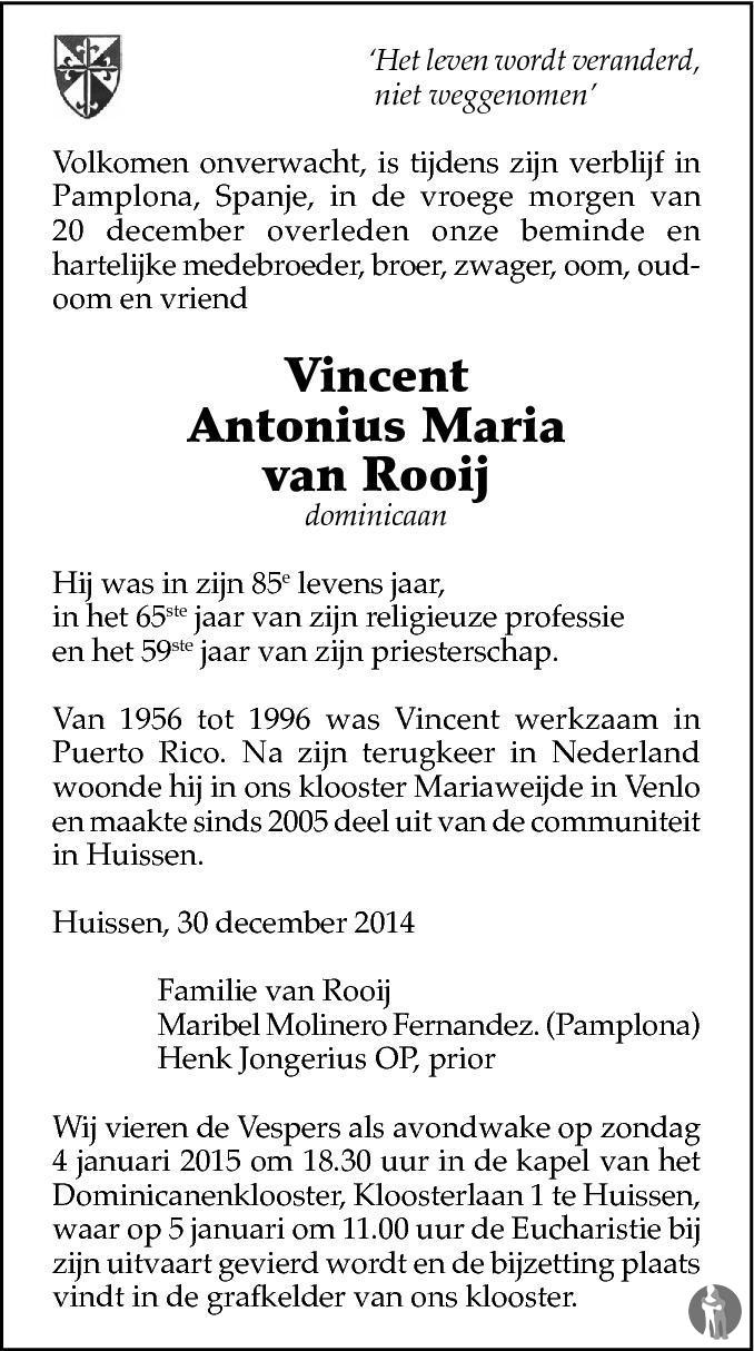 Vincent Antonius Maria van Rooij 30-12-2014 overlijdensbericht en ...