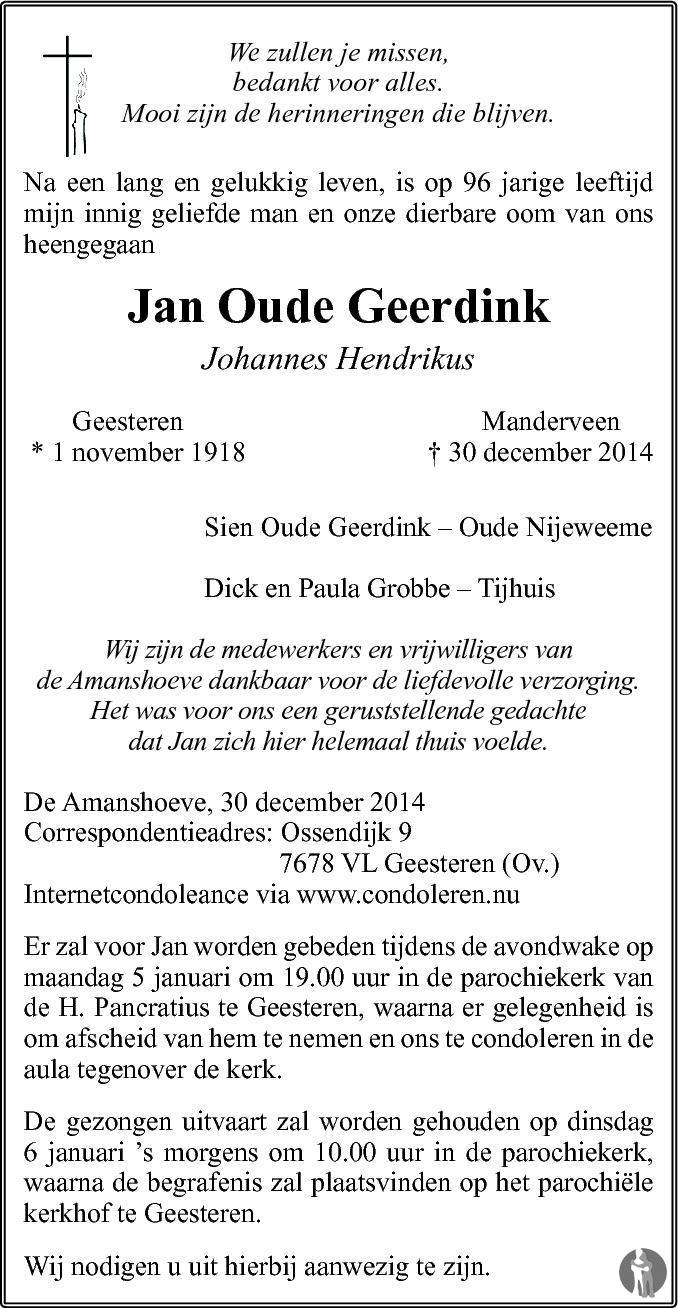 Johannes Hendrikus (Jan) Oude Geerdink 30-12-2014 overlijdensbericht en condoleances - Mensenlinq.nl