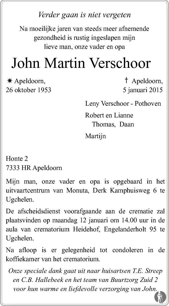 John Martin Verschoor 05-01-2015 overlijdensbericht en condoleances ...