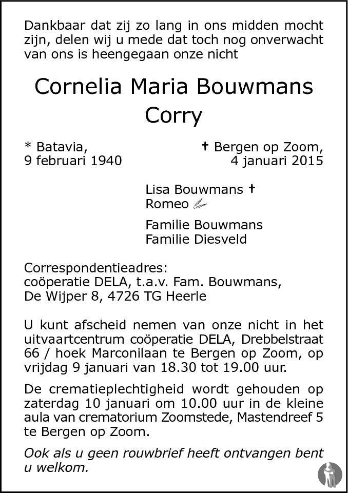 Cornelia Maria (Corry) Bouwmans 04-01-2015 overlijdensbericht en ...