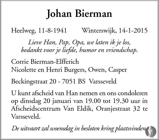 Johan Bierman 14-01-2015 overlijdensbericht en condoleances - Mensenlinq.nl