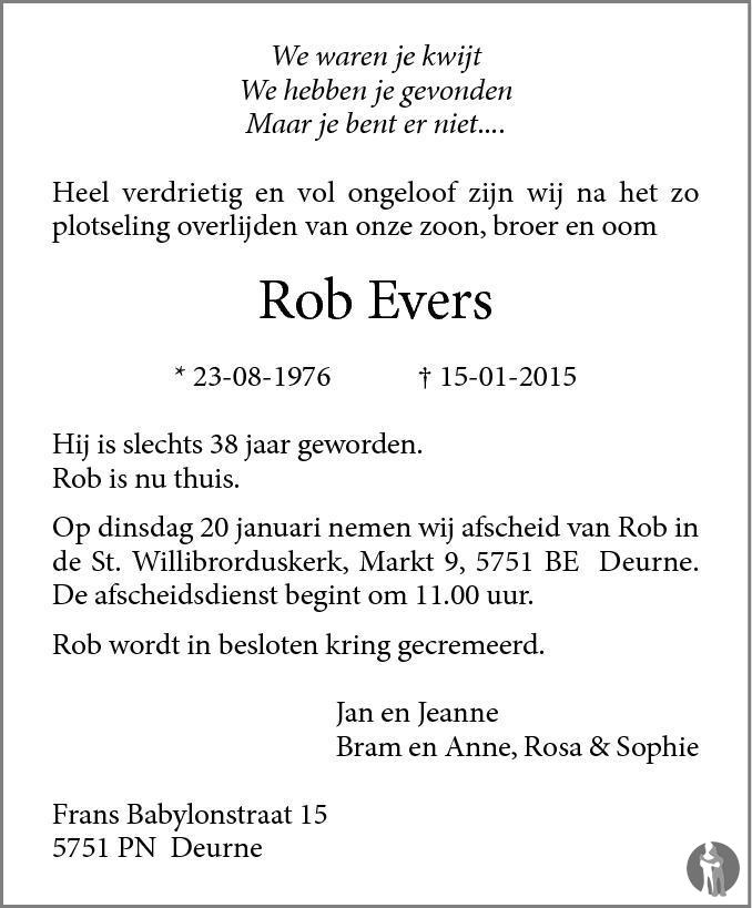 Rob Evers 15-01-2015 overlijdensbericht en condoleances - Mensenlinq.nl