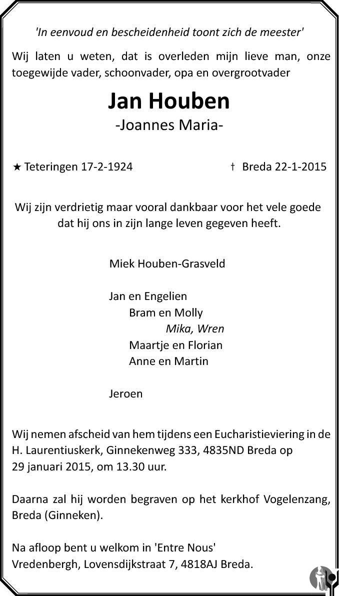Joannes Maria (Jan) Houben 22-01-2015 overlijdensbericht en ...