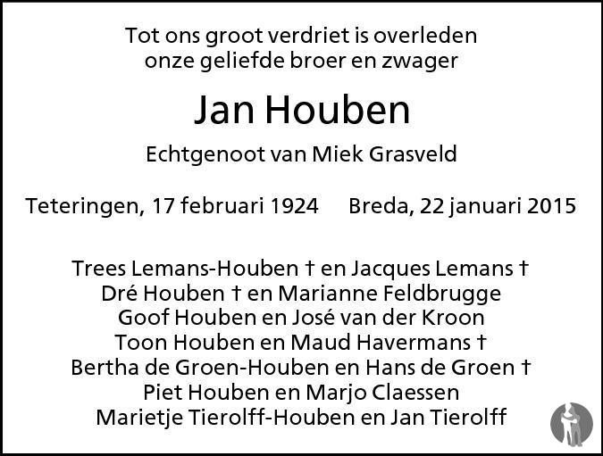 Joannes Maria (Jan) Houben 22-01-2015 overlijdensbericht en ...