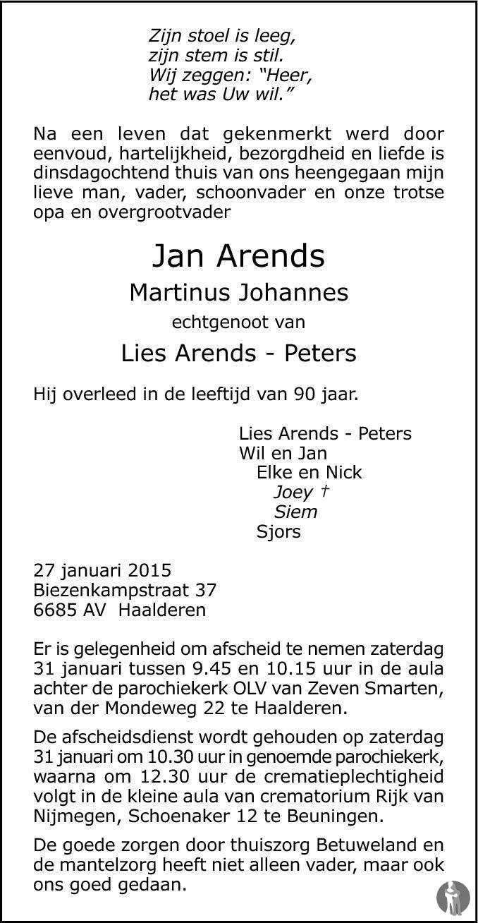Martinus Johannes (Jan) Arends 27-01-2015 overlijdensbericht en ...