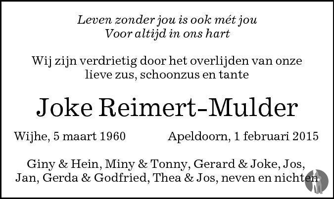 Joke Reimert - Mulder 01-02-2015 overlijdensbericht en condoleances ...