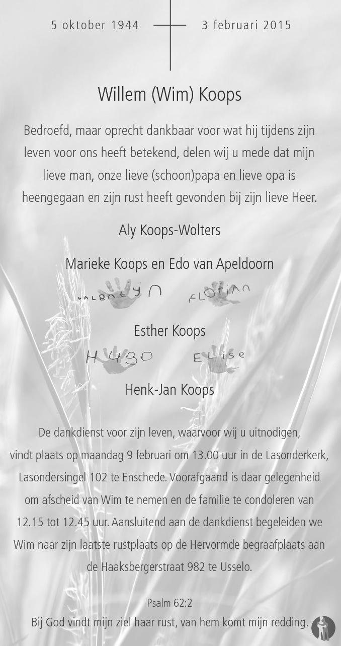 Willem (Wim) Koops 03-02-2015 overlijdensbericht en condoleances ...