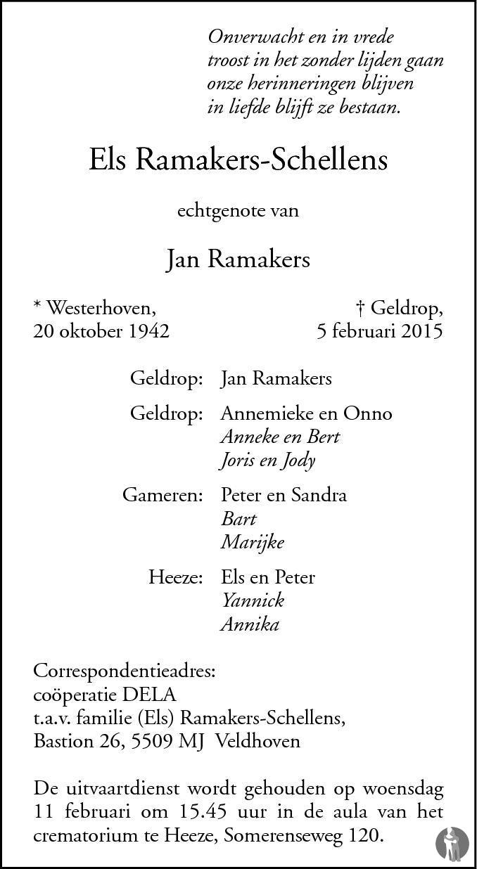Els Ramakers - Schellens 05-02-2015 overlijdensbericht en condoleances ...