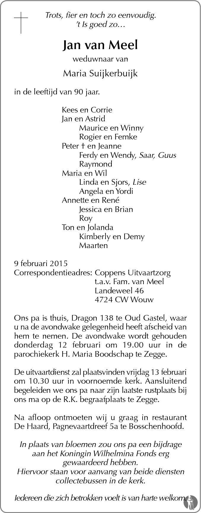 Jan van Meel 09-02-2015 overlijdensbericht en condoleances - Mensenlinq.nl