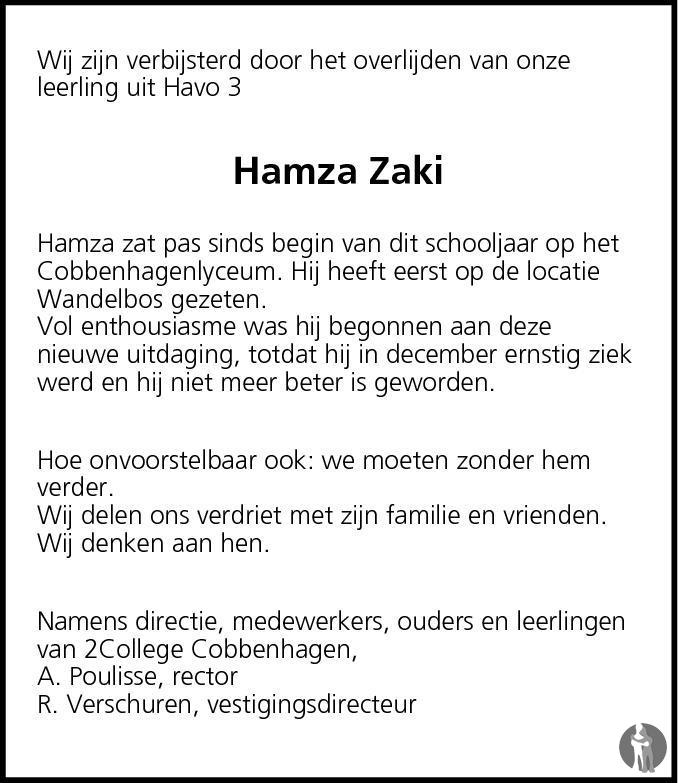 Hamza Zaki 15-02-2015 overlijdensbericht en condoleances - Mensenlinq.nl